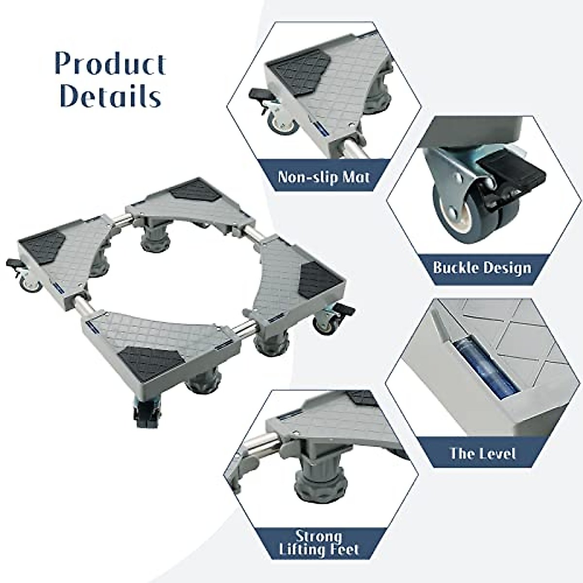 MYFULLY Adjustable Movable Furniture Dolly Roller Base with 4×2 Locking Rubber Swivel Wheels and 4 Strong Feet, Multi-Functional Mobile Stand for Dryer, Washing Machine and Refrigerator (Grey)