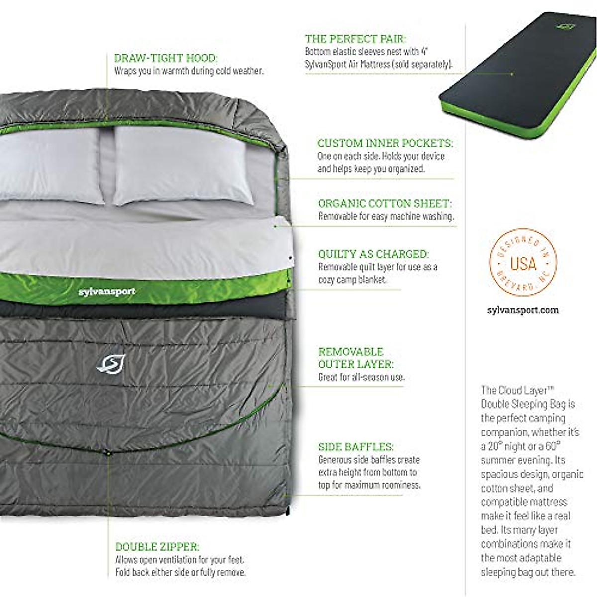 SylvanSport Cloud Layer Sleeping Bag for Adults - Adjustable Layers for 3-4 Season use - Integrated Cotton Sheet