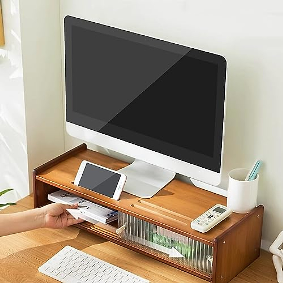 NOODCO 2-Tier Bamboo Wood Monitor Shelf Ergonomic Computer Riser Stand Wood Monitor Riser with Pencil Holder, Desk & Tabletop Organizer Desktop Stand for Laptop PC (Size : 50cm)