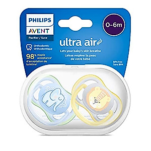 Philips AVENT Ultra Air Pacifier, 0-6 Months, Elephant,Lion, 4 Pack, SCF085/07