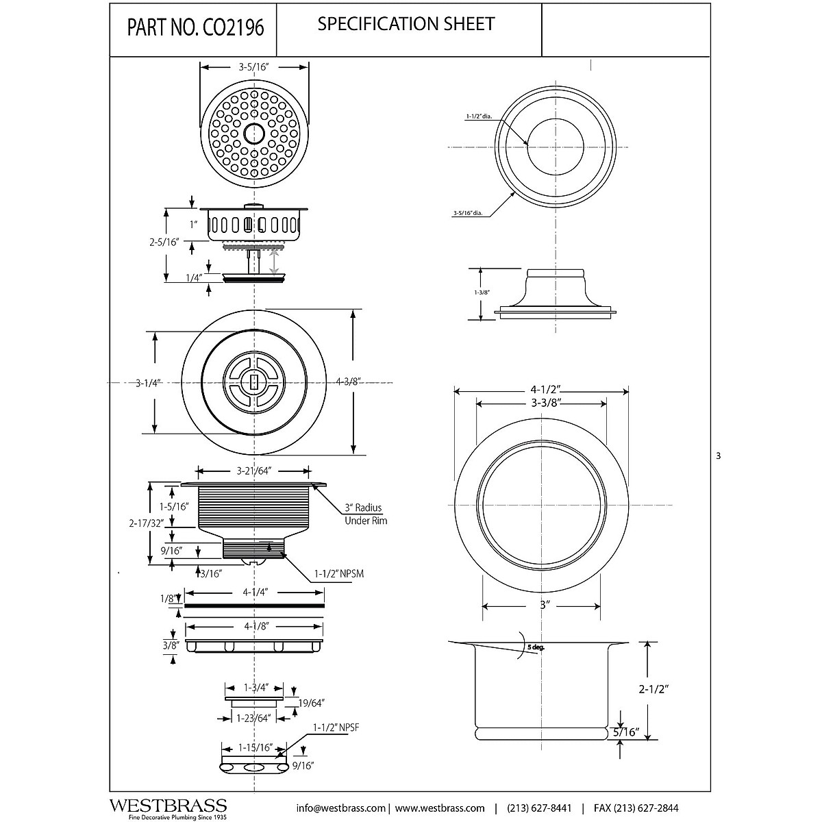 Westbrass CO2196-26 Combo Pack 3-1/2" Post Style Large Kitchen Sink Basket Strainer and Extra-Deep Collar Kitchen Sink Waste Disposal Flange with Stopper, Polished Chrome