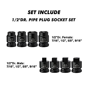 CASOMAN 8PCS 1/2-Inch Drive Pipe Plug Socket Set, Cr-Mo, SAE, Male/Female Set, 7/16", 1/2", 5/8", 9/16", Tapered Male Square Drive, Chamfered Female Square Drive