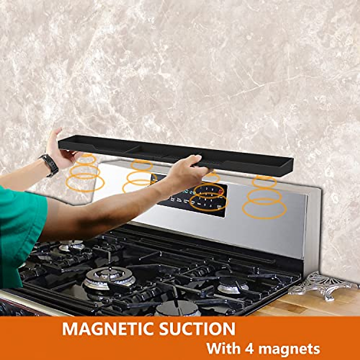 AWOKE Stove Top Shelf 30 Inch - Silicone Material Magnetic Shelf for the Stove - 3 Functional Partitions Kitchen Spice Rack Organizer - Black