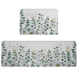 Anti-Fatigue Kitchen Mats Standing Rugs Set of 2 Green Eucalyptus Leaves Daisy Flower Non-Slip Area Runner Floor Doormat Farm Plant Watercolor Floral Washable Cushioned Carpet for Bedroom Bathroom
