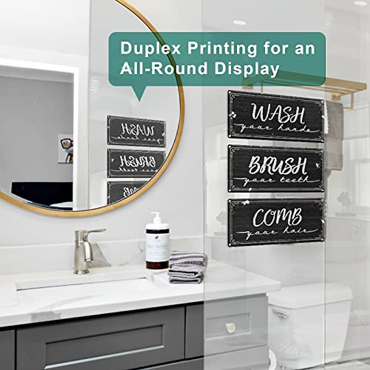 Farmhouse Bathroom Signs Decor 3PCS, PVC Made Waterproof Restroom Wall Decor, Duplex Printed Rustic Farmhouse Bathroom Wall Decor, Fade-Resistant Bathroom Rule Sign Home Wall Decor, 5X12 Inches, Black