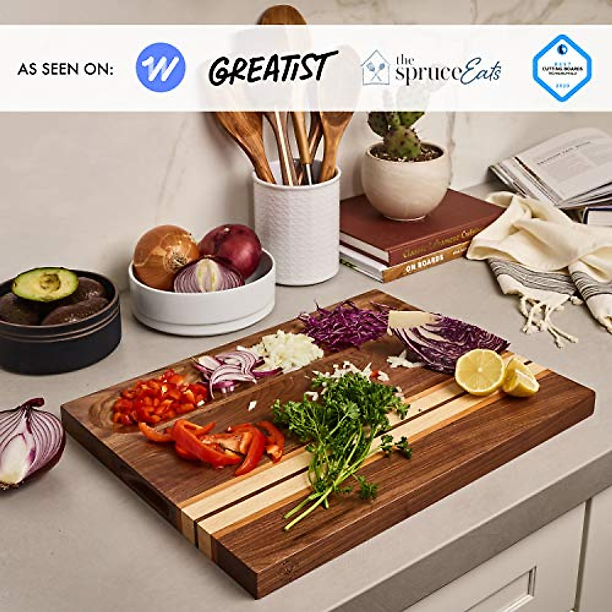 Sonder Los Angeles, Large Walnut/Cherry/Maple Wood Cutting Board for Kitchen, Charcuterie Wooden Board, Sorting Compartment, Reversible 17x13x1.1 in (Gift Box Included)