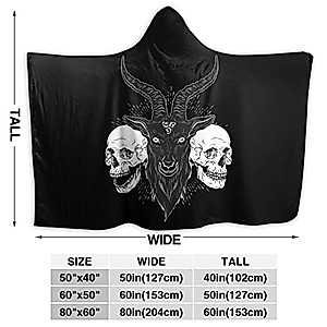 Demon Baphomet Satanic Goat Head and Skull Hooded Blanket Soft Plush Wearable Hoodie Blanket Warm Hooded Robe Poncho Cape Wrap Bathrobe Sofa Sleeping Throw Flannel Bedding 80"X60" for Adult Queen