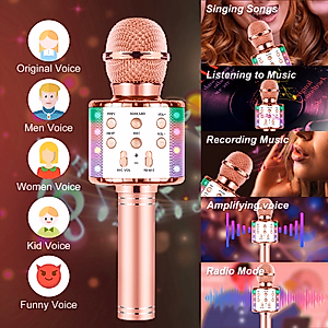 Microphone Kids Karaoke Microphone for Singing, 5 in 1 Bluetooth Microphone with LED Lights Karaoke Machine Portable Mic Speaker Player Recorder for Home Party Birthday (Pink)
