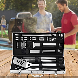 grilljoy 20PCS Heavy Duty BBQ Grill Tools Set - Extra Thick Stainless Steel Spatula, Fork& Tongs - Complete Barbecue Accessories Kit in Aluminum Storage Case - Perfect Grill Gifts for Men