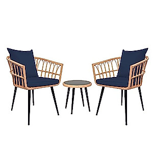Koruiten 3-Piece Patio Bistro Sets, Outdoor Wicker Dining Conversation Furniture Sets with Cushions, Tempered Glass Side Table and 2 Patio Porch Chairs for Balcony, Backyard (Dark Blue)