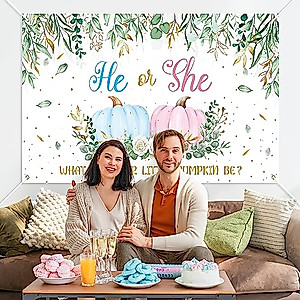 ANGOLIO Fall Pumpkin Blue Pink Gender Reveal Backdrop He or She Autumn Eucalyptus Leaves Fall Baby Shower Gender Reveal Party Photography Background Decoration(Xtralarge)