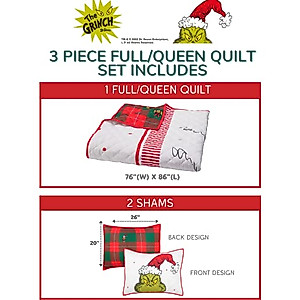Franco Grinch by Dr. Seuss Holiday Bedding Super Soft Pillow Sham and Quilt Set, Full/Queen Size 76" x 86", (Official Dr. Seuss Product)