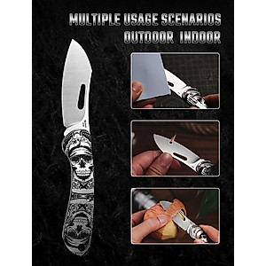 MecArmy EK3R EDC Pocket Folding Knife, Swedish SANDVIK 12C27 Steel Blade Hollowed-out Drop Blade Design, Stainless Steel Handle Pocket Clip, Outdoor Portable Camping Hiking Knife(Skull)