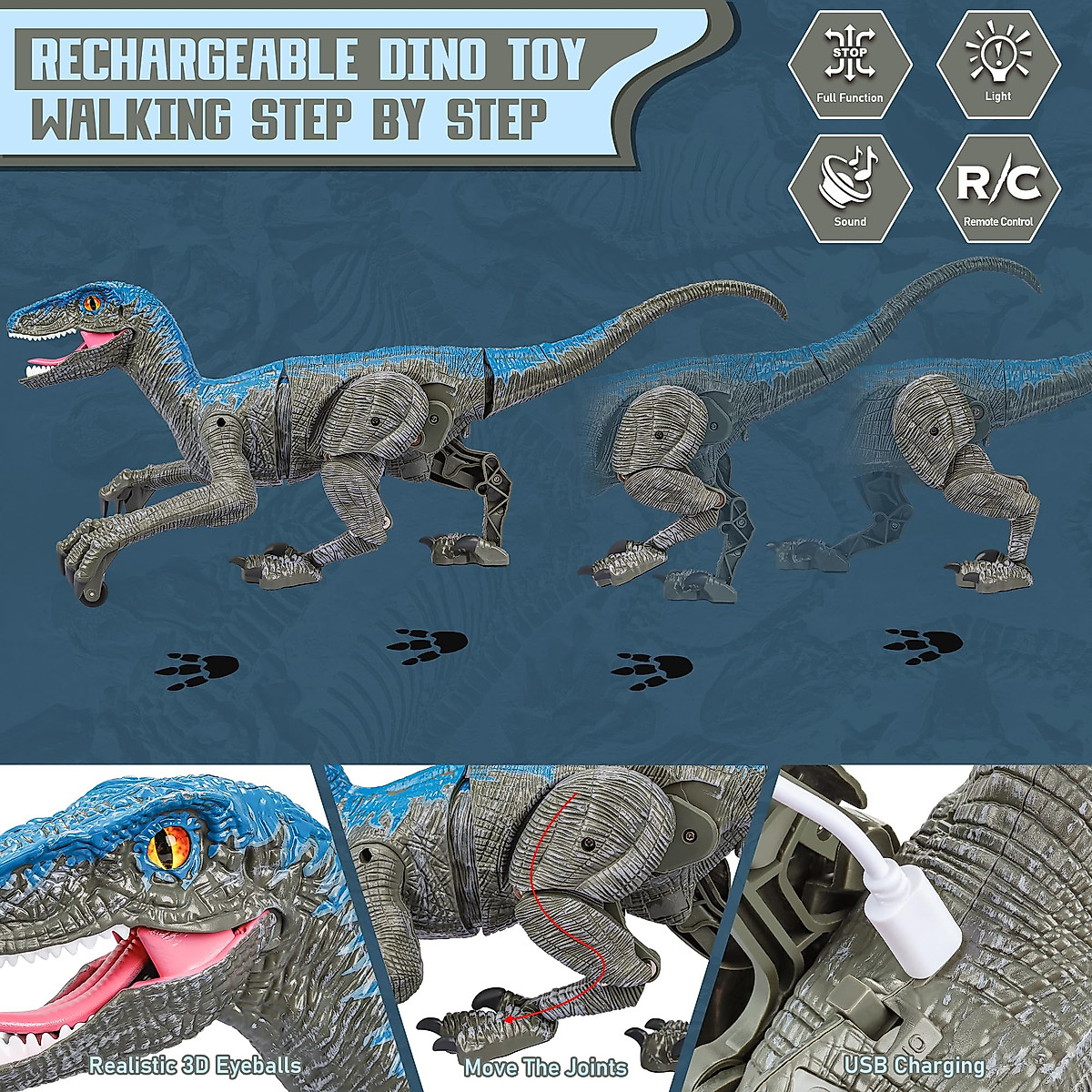 CUKU Remote Control Dinosaur for Kids,2.4G Electronic RC Toys Velociraptor with 3D Eye Shaking Head &Roaring Sounds,Indoor Toys for 5 6 7 8 Year Old Gifts