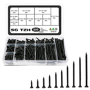 #8 Drywall Screws 250PCS Black Carbon Steel Flat Head Fast Self Tapping Drywall Screws,Wood Screws,Wood Screws Assortment Set by SG TZH
