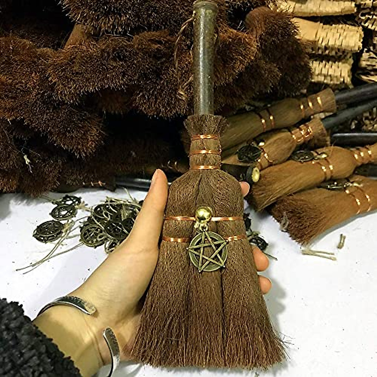 OKDOKEY 9.4" Witch Altar Broom & Four Elements and Pentacle Wood Runes Set | Miniature Pentagram Wicca Brush | Handmade Mane Broomstick for Majic Ceremonial, Halloween Broom, Wiccan Ritual Broom
