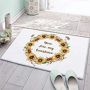 Bathroom Rugs Summer Sunflower Wreath with Butterfly Indoor Doormat Bath Rugs Non Slip, Washable Cover Floor Rug Absorbent Carpets Floor Mat Home Decor for Kitchen (16x24)