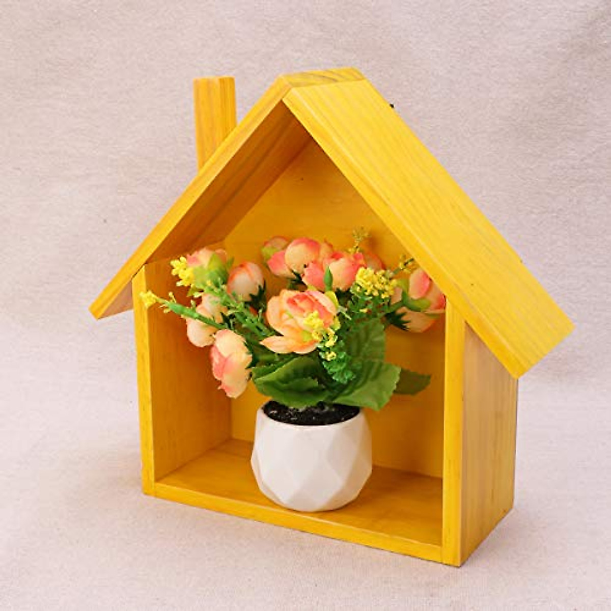 Cabilock Wooden House-Shaped Wall Storage Shelf Display Box Hanging Rack Holder Organizer for Bedroom Kids Room Kitchen (Yellow)