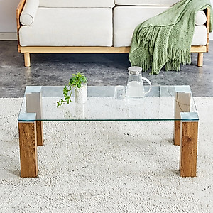CIATRE Glass Coffee Table, Modern Tempered Clear Coffee Tables with Solid Wood Legs Decor for Living Room, Modern Small Glass Living Room Tables，44.9"*21.7"*16.9"