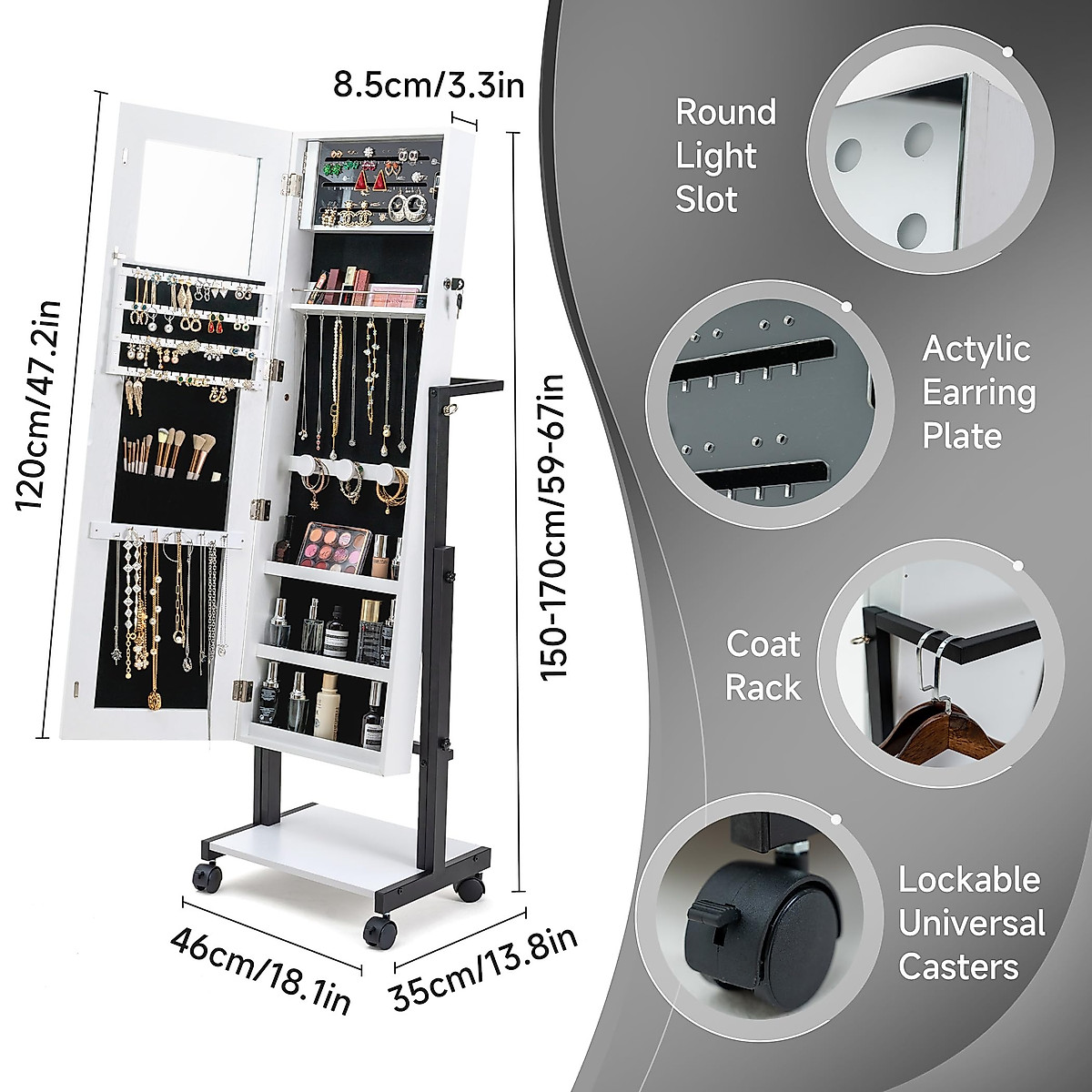 LAVIEVERT LED Mirror Jewelry Cabinet with 4 Wheels, 47.2" Full Length Mirror with 3 Color Lights, Lockable Jewelry Armoire with Built-in Mirror, Bottom Shelf, 3 Adjustable Angles & Height - White