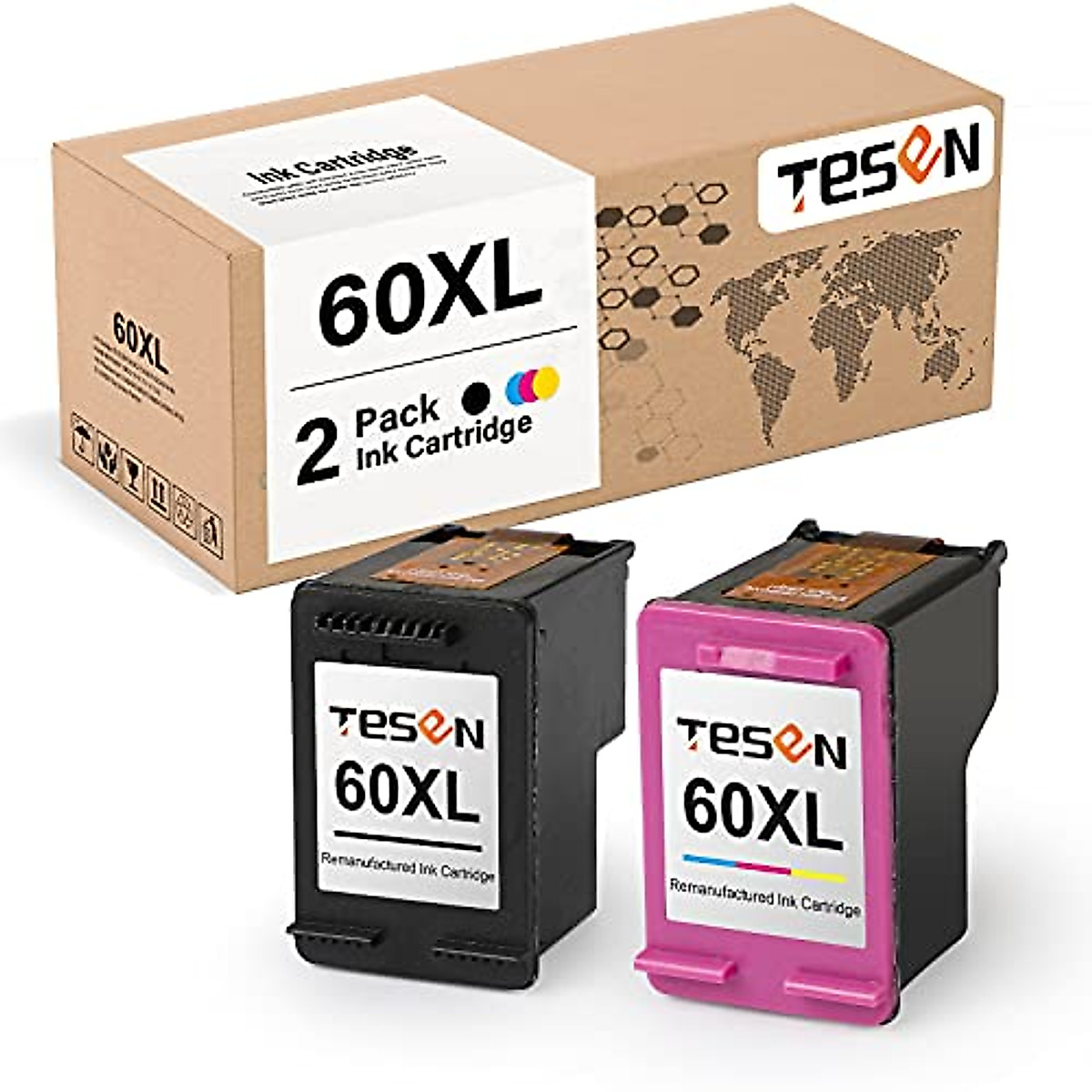 TESEN 60XL Remanufactured 60XL Ink Cartridge Replacement for HP 60 XL 60XL Use with HP Envy 100 120 114 DeskJet D2530 D2430 F4440 Photosmart C4640 C4650 D110a Series Printer (2 Pack, 1 Black+1 Color)