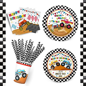 Monster Truck Party Supplies Decorations, Kids Birthday Paper Plates and Napkins Set with Cups and Straws for 24 Guests, 120 Pcs Disposable Party Dessert Dinnerwares
