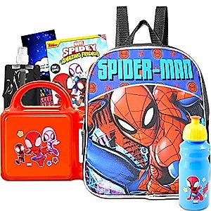 Spiderman Backpack with Lunch Box Set - Bundle with Mini 11" Spidey and His Amazing Friends Backpack, Spiderman Lunch Box, Water Bottle, Temporary Tattoos, More | Spiderman Backpack for Boys 4-6