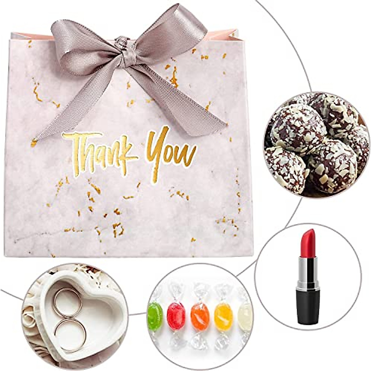 Hacaroa 50 Pack Small Thank You Gift Bags with Silver Ribbon, Marble Pattern Party Favor Bags Candy Boxes, 4.5x1.8x4 Inch Mini Paper Gift Bags Bulk for Wedding, Bridal Shower, Baby Shower