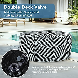 Codi Outdoor Pouf Ottoman, Inflatable Ottomans for Patio, Porch and Beach, Water Repellent Round Foot Rest with Handle, D21'' x H9'', Black and White