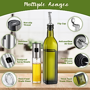 NETANY Olive Oil Dispenser 17 OZ and Oil Sprayer Bottle 100 ML for Cooking Set - Green Oil and Vinegar Cruet Bottle Set for Kitchen - Glass container with Drip-Free Stainless Steel Spout