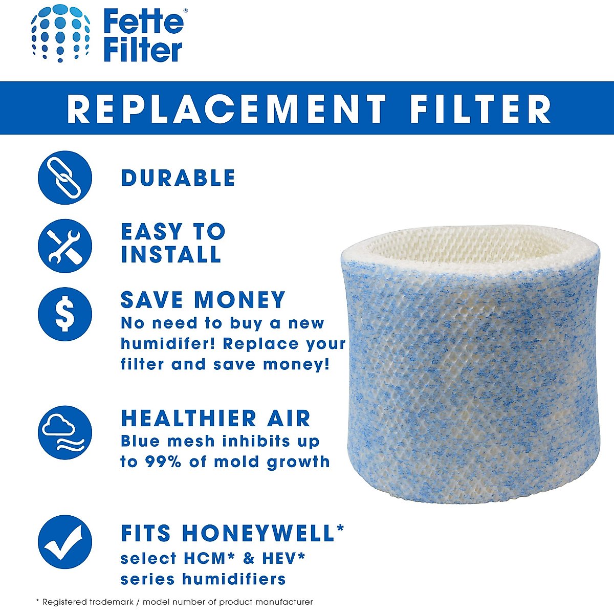 Fette Filter - Upgraded Blue Mesh Wicking Filters Compatible with Honeywell Filter E HC-14 for HCM-6009 HCM-6011 HEV680 HEV685 and Other Series Humidifier Part # HC14PF1 HC14PF3 HC14 Filter E 3-Pack