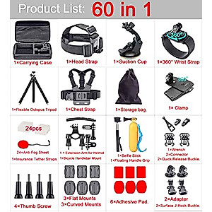 Black pro 60 in 1 Camera Accessories Kit Compatible with GoPro Hero 11 10 9 8 7, GoPro Max, GoPro Fusion, DJI Osmo Action, AKASO, APEMAN, Campark, SJCAM