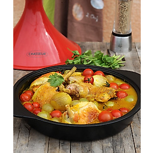 Chasseur French Enameled Cast Iron Tajine with Ceramic Cone Lid, 12-inch Diameter, Red.