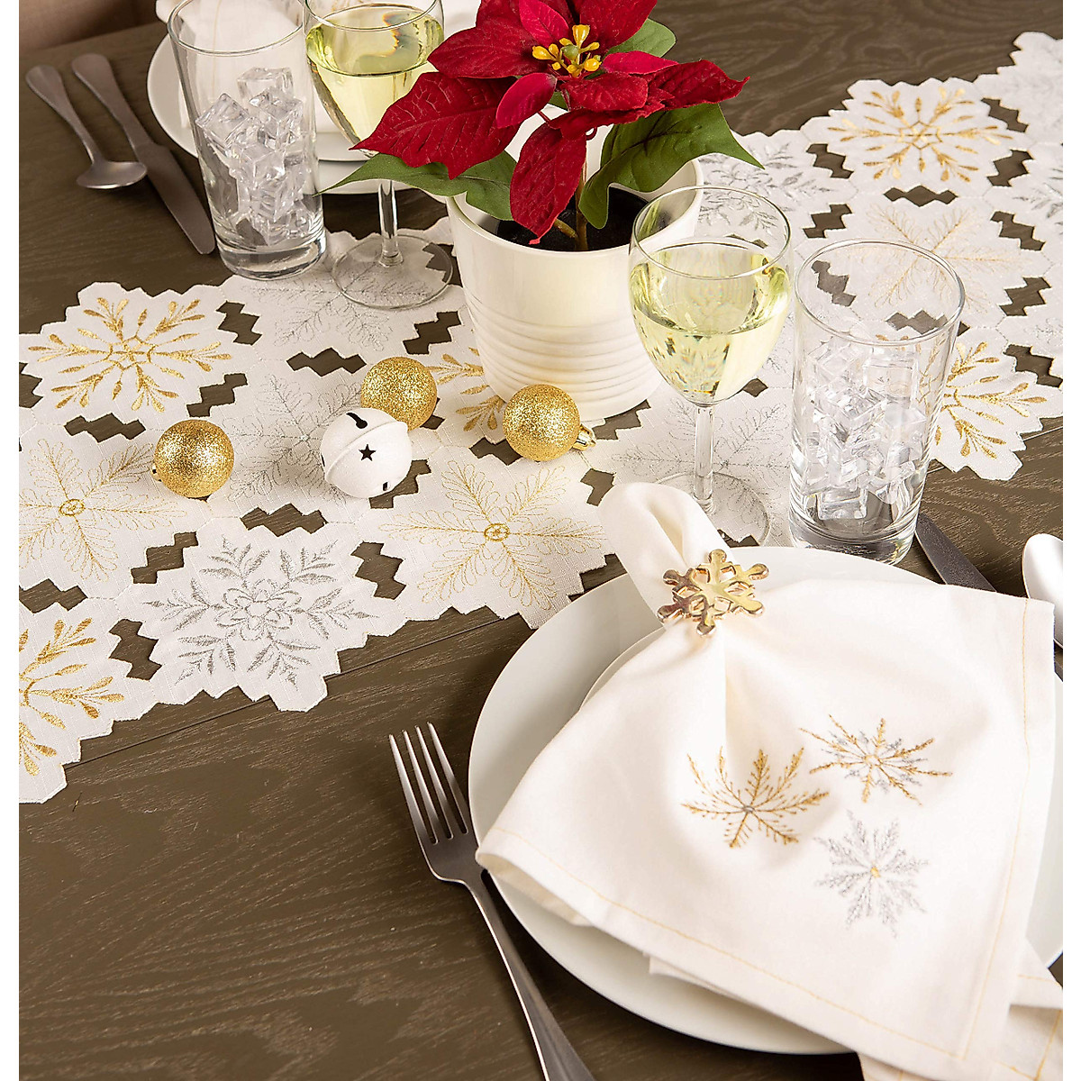 DII Holiday Dining Table Linen Sparkle Metallic Kitchen Décor, Napkin Set, 20x20, Gold & Silver Snowflakes, 6 Piece