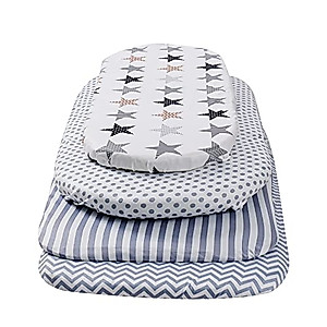 Bassinet Sheets 4 Pack for Baby Unisex, Stretchy Jersey Knitted Fitted Sheet Universal for Oval Rectangle and Hourglass Bassinet Mattress, White and Grey, Neutral for Baby Boy and Girl