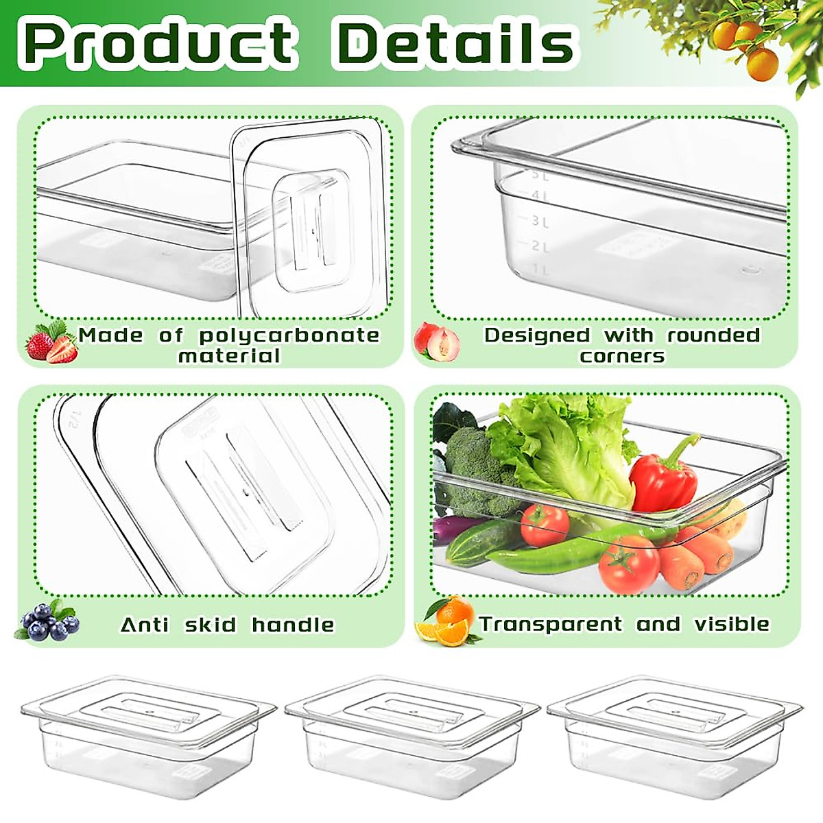 Cezoyx 3 Pack 1/2 Size Food Pans with Lids, 4 Inch Clear Food Pans, Acrylic Commercial Food Containers for Kitchen, Restaurant and Cafeterias