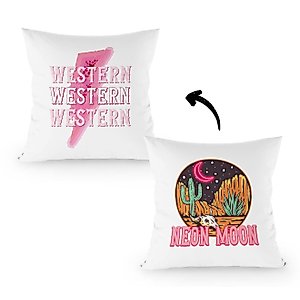 FLDAS Preppy Pillow Covers 18x18, Western Pillow Cases, Pink Western Decor, Western Gifts for Women, Western Preppy Neon Moon Cactus Desert Lightning Reversible Throw Pillow Covers