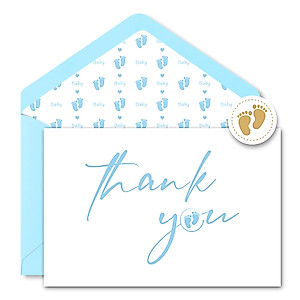 AZAZA Baby Shower Thank You Cards with Envelopes Footprint Liners, 30pcs Baby Boy Blue Thank You Cards 4x6, Thank You Note and Gold Stickers for Baby Gift Sets (Blue Envelopes & White Cards)