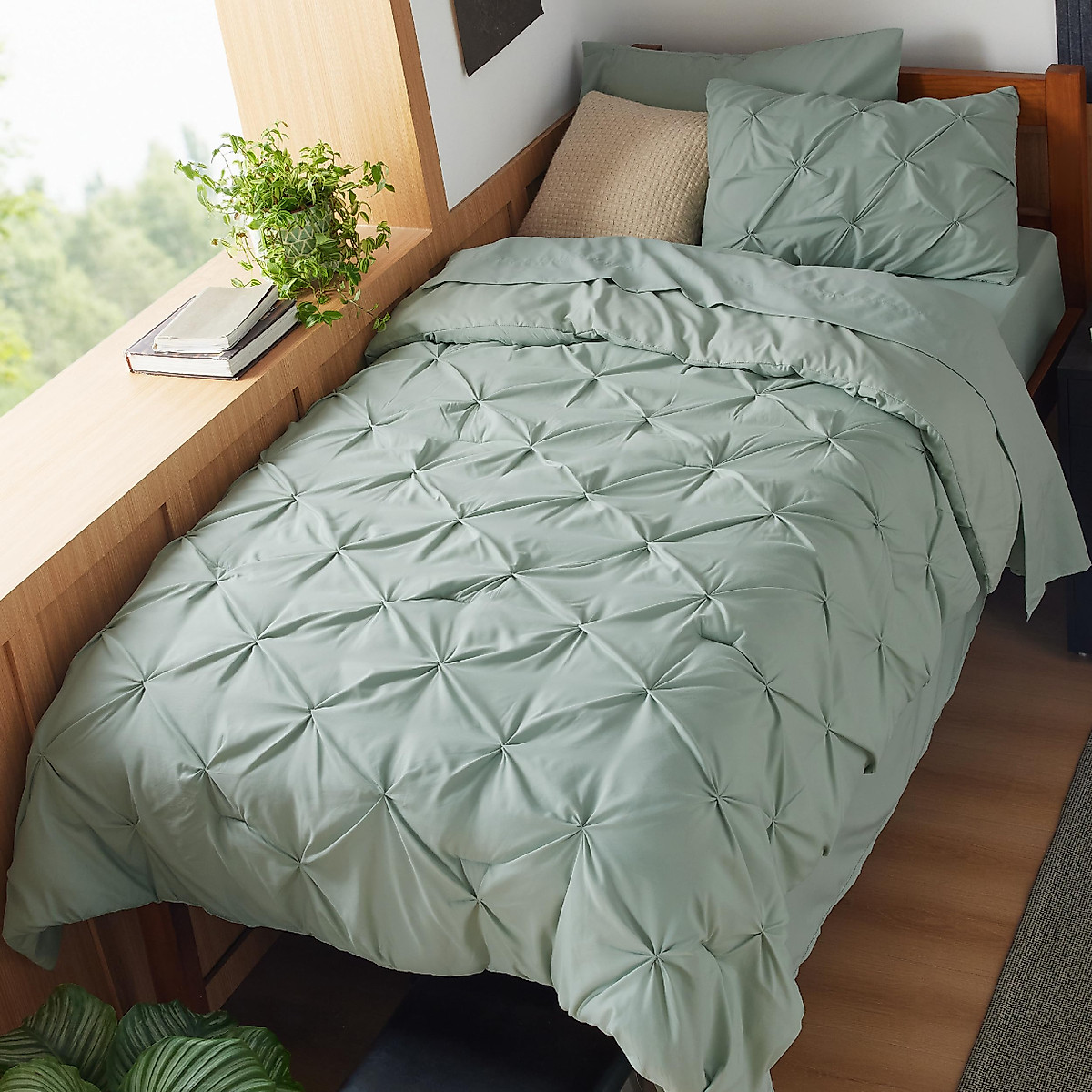 Bedsure Twin XL Comforter Set - Extra Long 5 Pieces Dorm Bedding Sets, GentleSoft™ Pinch Pleat Sage Green Bed in a Bag with Pintuck Comforter, Sheets, Pillowcase & Sham