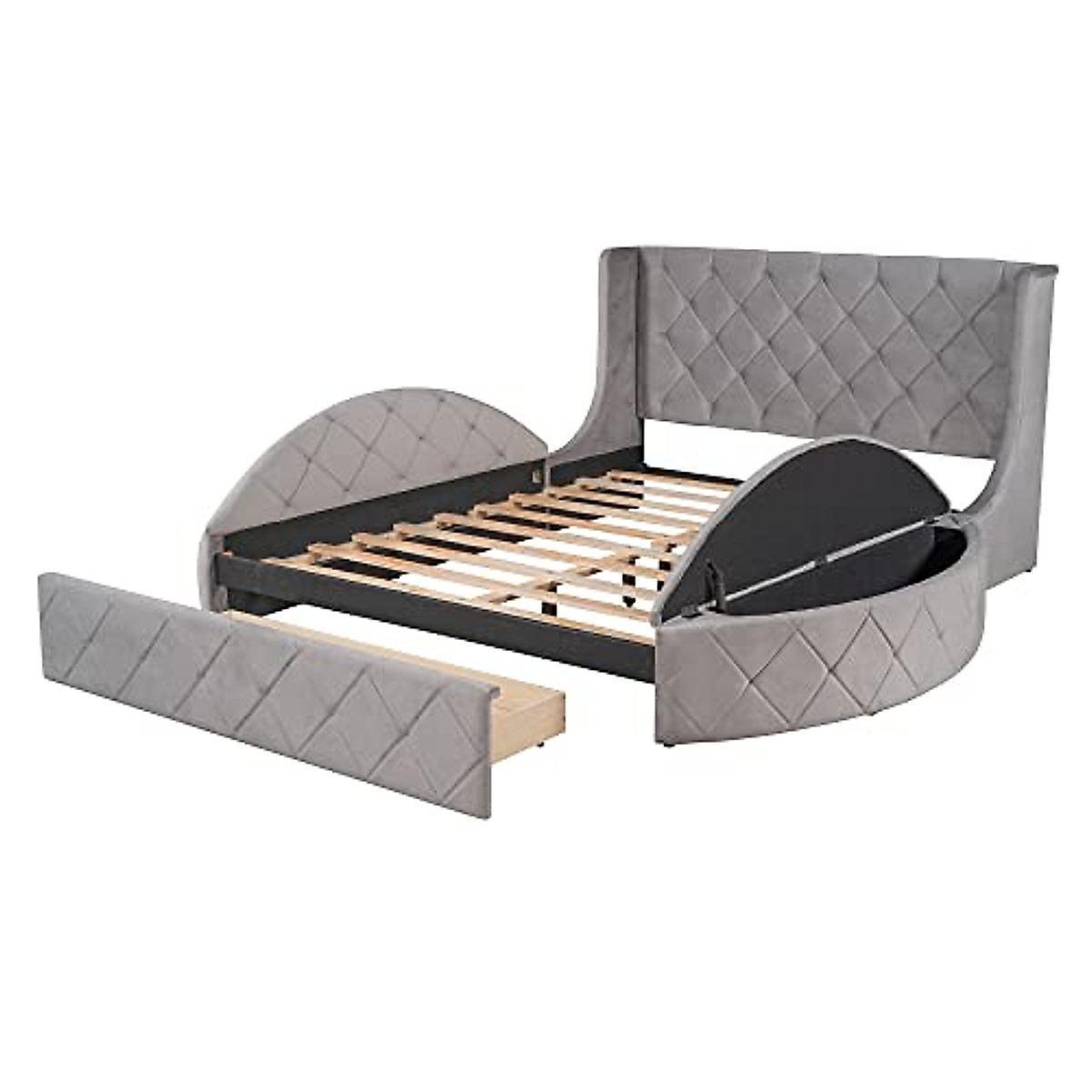 BOVZA Queen Size Platform Bed Frame, Velvet Upholstered Bed with Wingback Headboard and and 1 Big Drawer, 2 Side Storage Stool, No Box Spring Needed, Gray