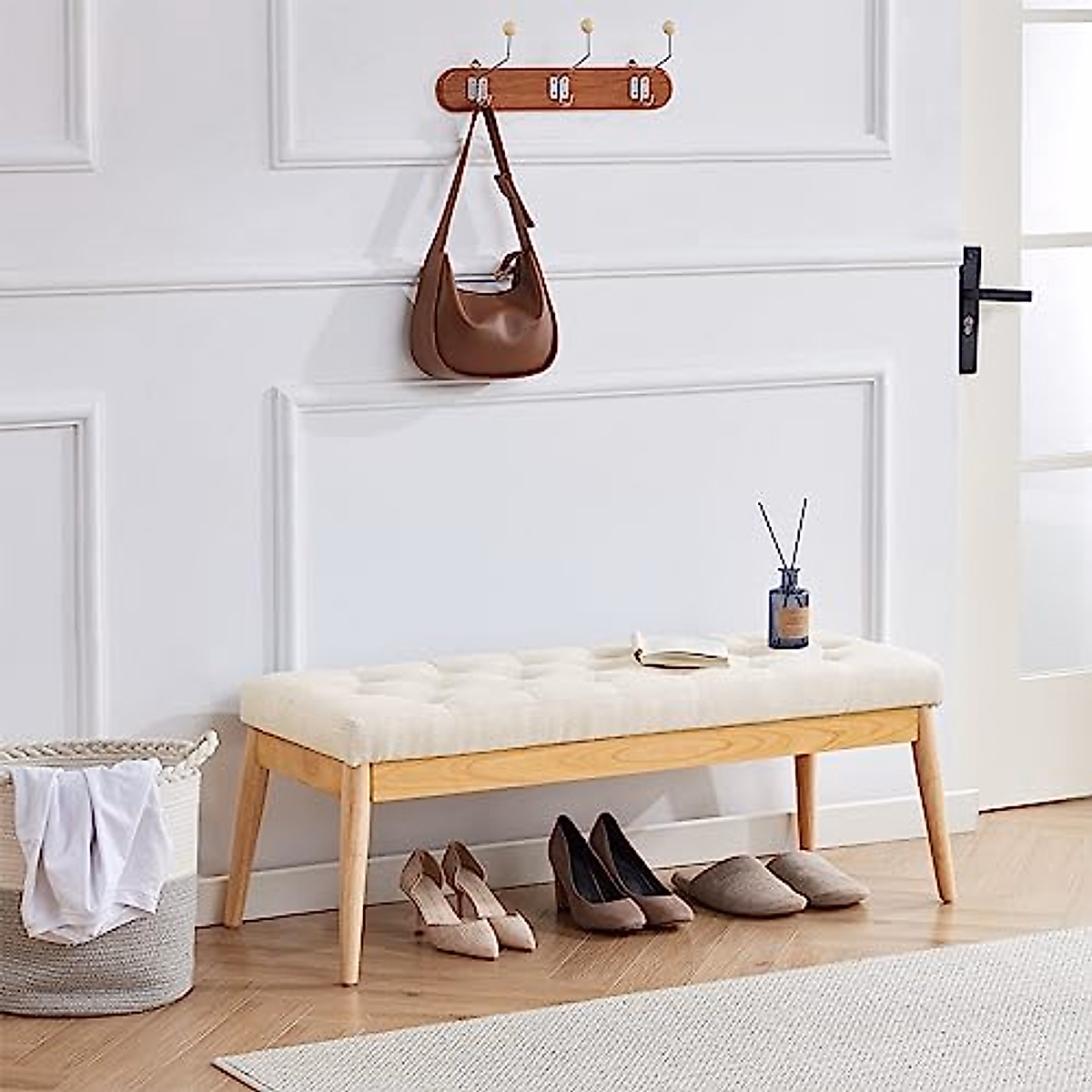 Tbfit Extra-Long Upholstered Tufted Bed Bench Seat for Bedroom, Entryway Wood Bench with Sturdy Wooden Legs, Buttoned Vanity Rectangle Dining Bench(Beige)