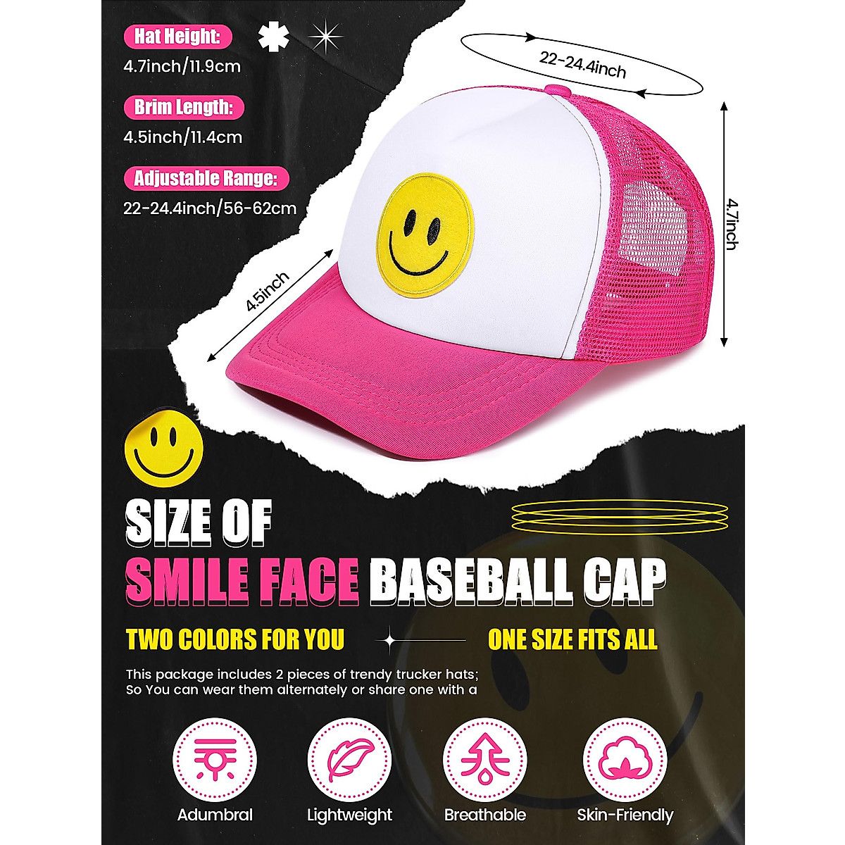 Cozypower 2 Pcs Smile Face Baseball Cap Smile Trucker Hat Mesh Adjustable Baseball Cap Retro Preppy Hats for Women(Rose Red, Black, White)