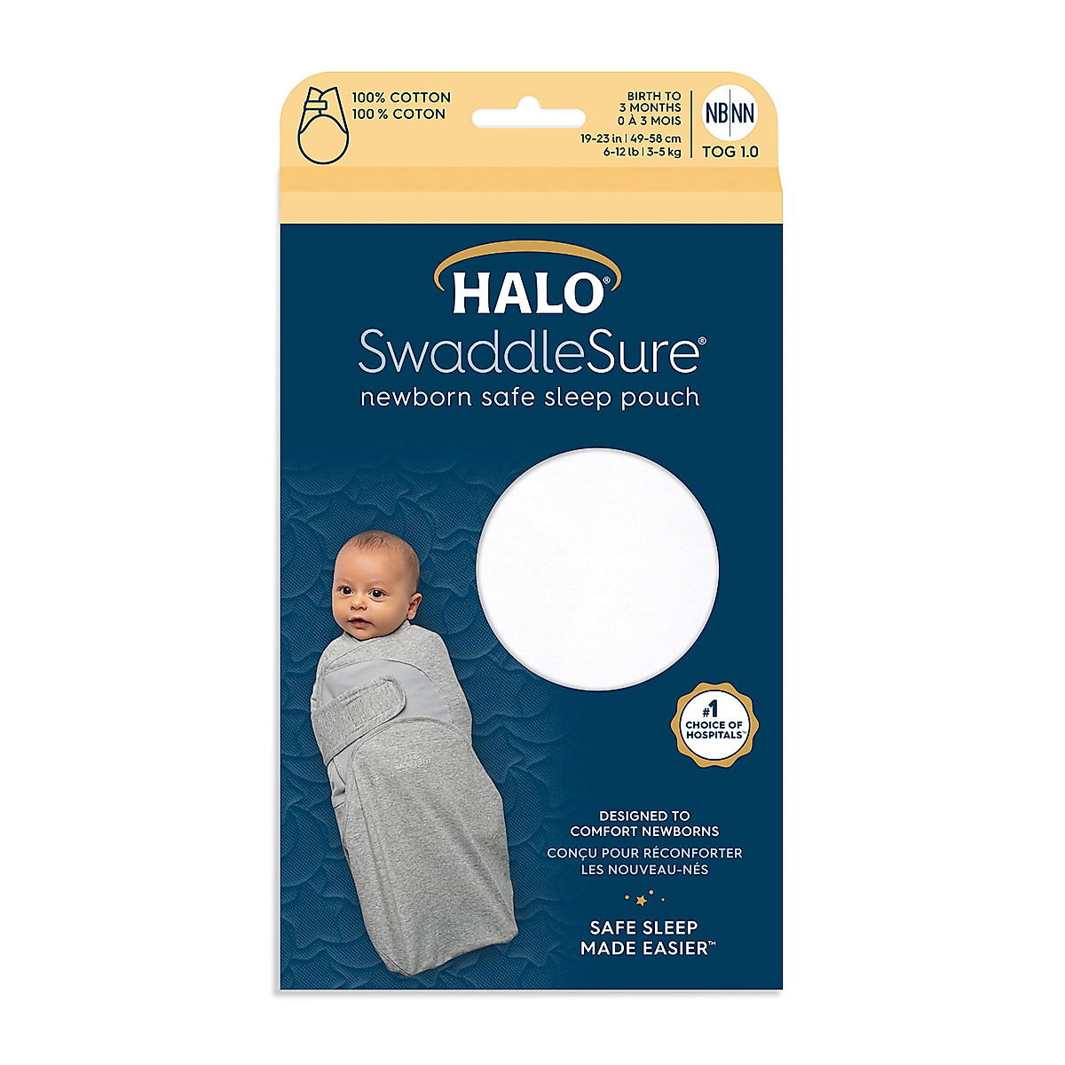 HALO SwaddleSure Adjustable Swaddling Pouch, 100% Cotton, TOG 1.0, White, Newborn, 0-3 Months