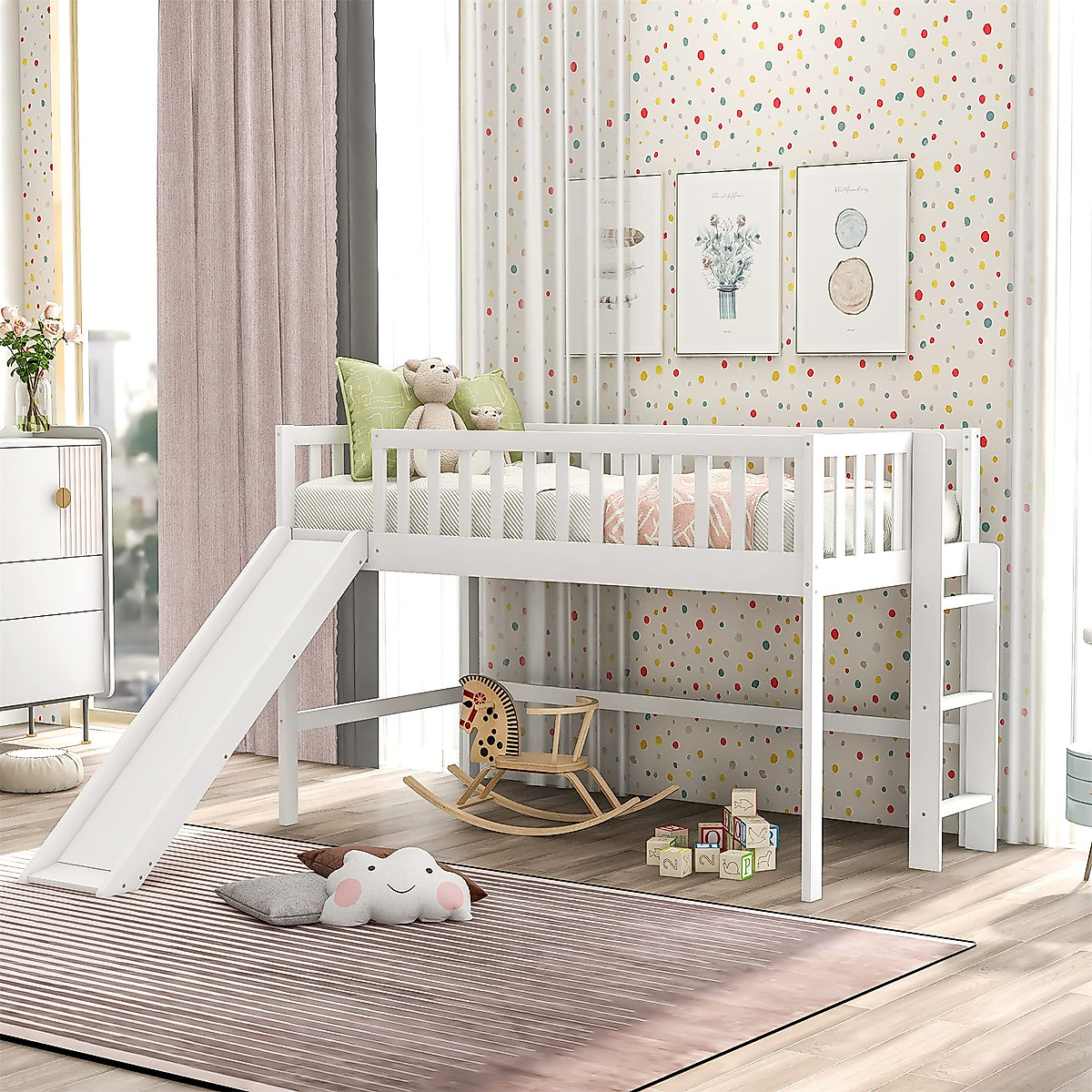 Harper & Bright Designs Twin Size Low Loft Bed with Slide, Wood Low Loft Bed for Kids, Girls, Boys (White)