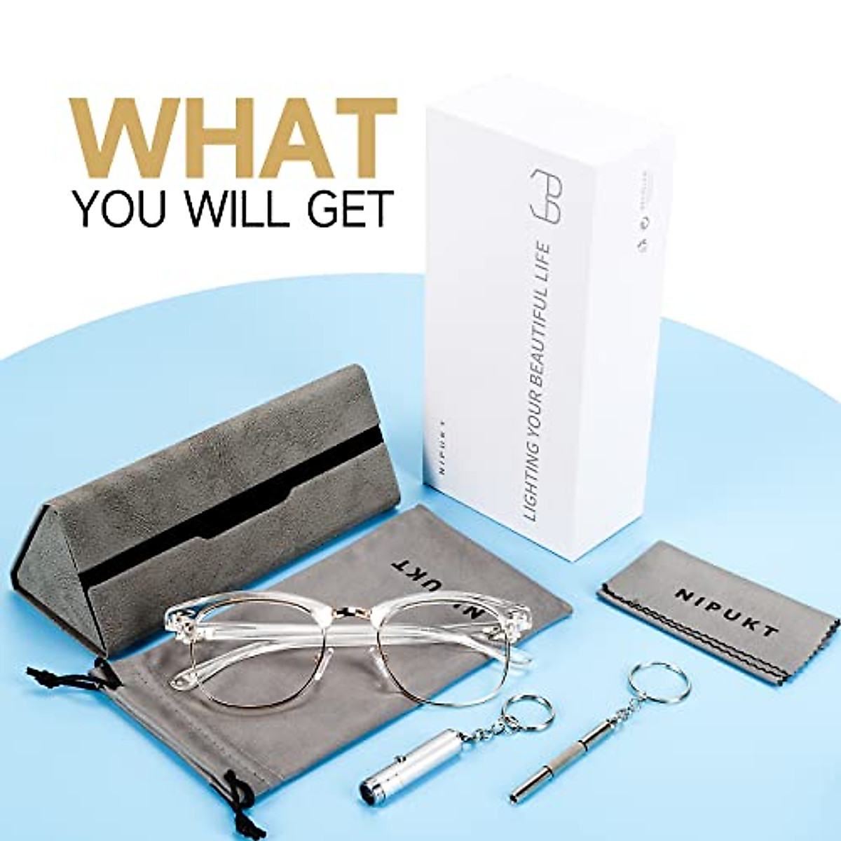 Nipukt Eyewear Frames, Blue Light Glasses Lightweight, Computer Gaming/Phones/TV Glasses, Office/Outdoor Glasses for Women or Men, Anti Eyestrain Glasses, Clear Gold Frame