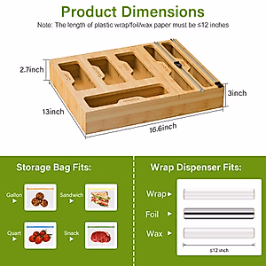 KOCWELL Bamboo Bag Storage Organizer - 2 Wrap Dispenser with Cutter & 4 Slots Food Storage Bags Container - Kitchen Drawer Plastic Bags Storage Organization for Gallon Quart Sandwich Snack Bags