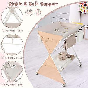 BABY JOY Portable Baby Changing Table, Foldable Diaper Changing Station with Wheels, Adjustable Height, Large Storage Rack, Trash Can, Mobile Nursery Organizer for Newborn Infant (Beige)