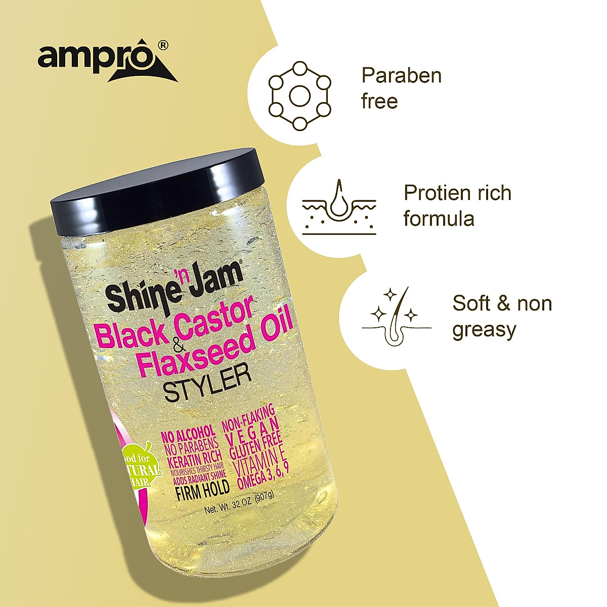 AmPro Shine-n-Jam Castor Oil and Flaxseed Gel - Nourishes Tresses and Adds Shine - Infused With Vitamin E to Condition All Hair Textures - Strengthens with Keratin Protein and Omega 3-32 oz