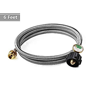 DOZYANT 6 Feet Stainless Braided Propane Hose Adapter with Propane Tank Gauge, 1 lb to 20 lb Propane Converter Hose for Propane Stove, Tabletop Grill and More 1lb Portable Appliance