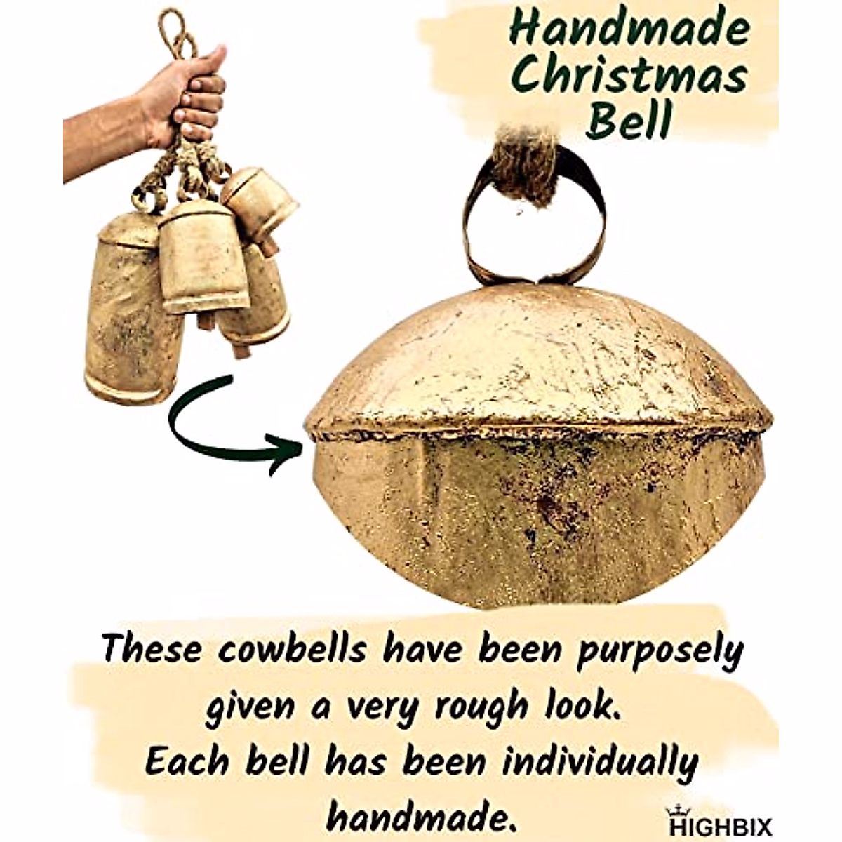 HIGHBIX Set of 3 Giant Harmony Cow Bells Huge Vintage Handmade Rustic Lucky Christmas Hanging XL Bells On Rope (Country Rustic, X-Large)